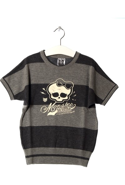 Monster High Bisiklet Yaka Kısa Kol Baskılı Çizgili Şerit Gri Kız Çocuk Kazak