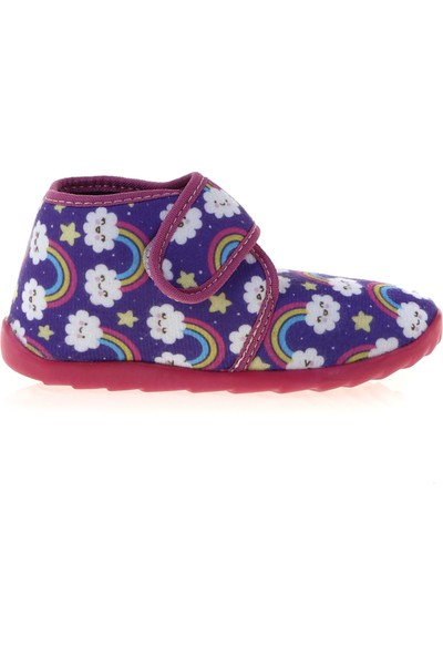 Limon Gökkuşağı Desenli Bantlı Mor Kız Çocuk Ev Ayakkabısı