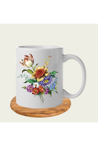 Burak Baskı Tasarım Renkli Çiçek Buketi Baskılı Hediyelik Kupa Bardak
