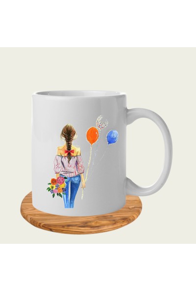 Burak Baskı Tasarım Renkli Balonlu Kız Baskılı Hediyelik Kupa Bardak