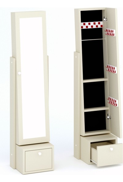 Cemre Home Aynalı Takı Aksesuar Dolabı Krem Çekmeceli