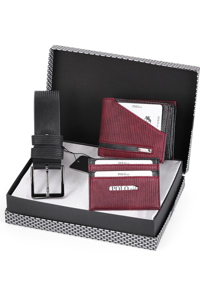 Polo Air Erkek Kemer Cüzdan Kartlık Bordo Siyah Kombin Set