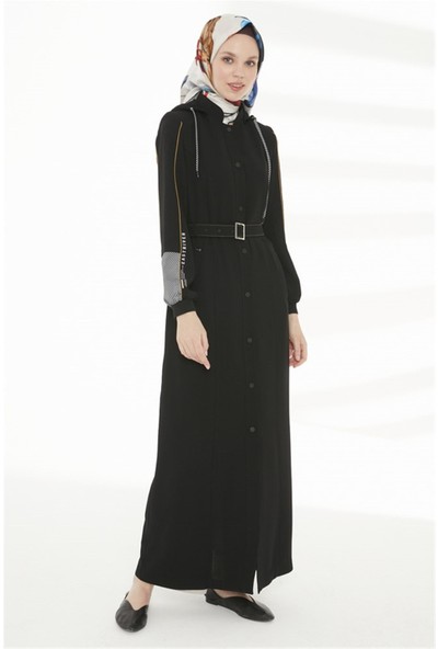 Zühre Kapüşon ve Garni Detaylı Siyah Pardesü 12447