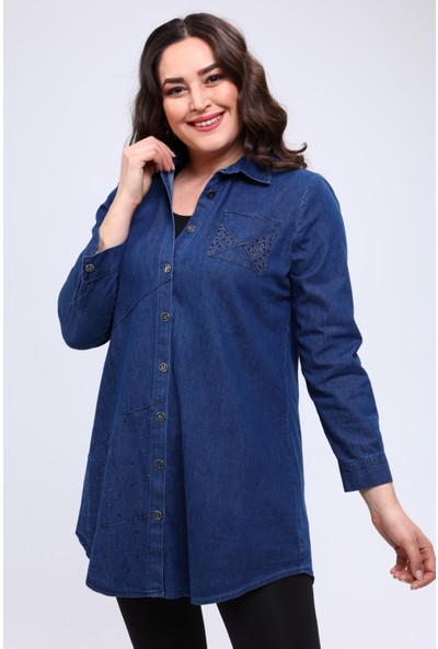 Shine Kadın Buket Cepli Taşlı Indigo Kot Gömlek Shine Kadın Buket Cepli Taşlı Indigo Kot Gömlek