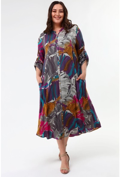 Shine Akay Kadın Büyük Beden Koton Viskon Gri Elbise