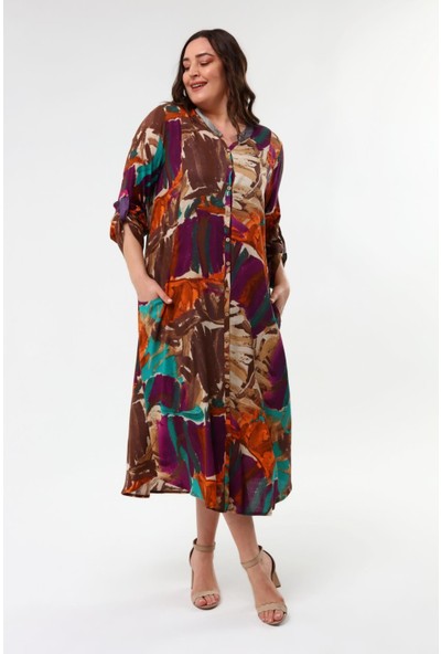 Shine Akay Kadın Büyük Beden Koton Viskon Kahve Elbise