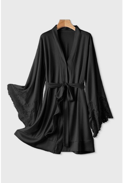 Epijama Saten Siyah Sabahlık