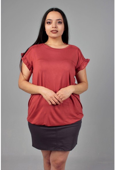 Truva Xxl Büyük Beden Kadın Giyim Omuz Detaylı Penye Bluz Kiremit BZ578
