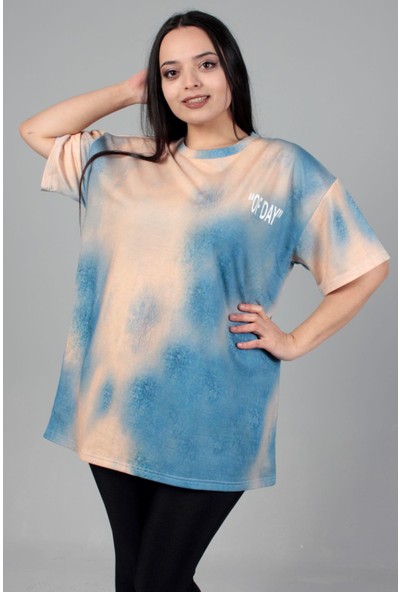 Truva Xxl Büyük Beden Kadın Giyim Pamuklu Yıkamalı Bluz Mavi Sarı BZ583