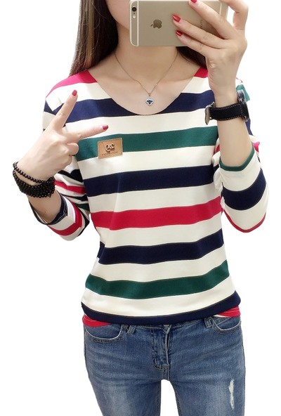 Runningman Sonbahar Yeni Tişört Kadın Uzun Kollu Gevşek Çizgili Tişört Artı Boyutu Kadın Giyim-Yeşil (Yurt Dışından)