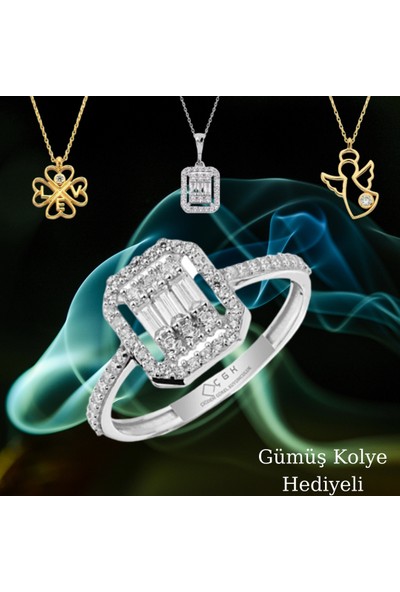 ÇGK KUYUMCULUK 14 Ayar Beyaz Baget Altın Yüzük (Gümüş Kolye )