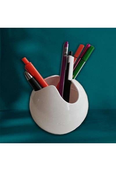 Ahşap Şehri Masaüstü Pratik Ergonomik Oval Beyaz Kalemlik