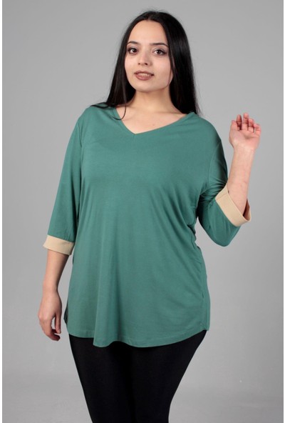Truva Xxl Büyük Beden Kadın Giyim Bluz Viskon Sıfır Yaka Kol Şeritli Yeşil BZ588