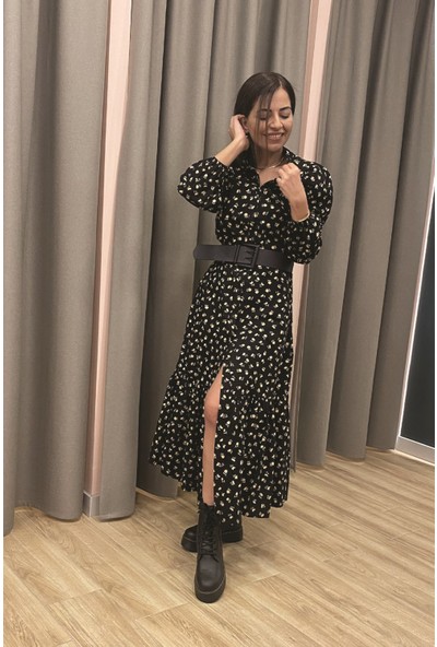 Qozalak Papatya Desenli Önden Düğmeli Maxi Boy Elbise