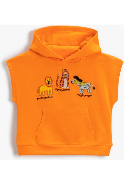 Koton Hayvan Baskılı Kolsuz Kanguru Cepli Kapşonlu Sweatshirt Pamuklu Koton Hayvan Baskılı Kolsuz Kanguru Cepli Kapşonlu Sweatshirt Pamuklu