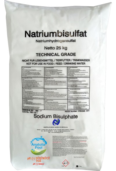 Anatolia Pool Havuz Suyu Toz Ph (-) Düşürücü 25 kg Pp Torba (Ph - Reducer)