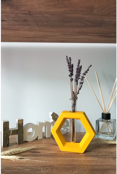 Dekoratif Geometrik Sarı Altıgen Tüp Vazo