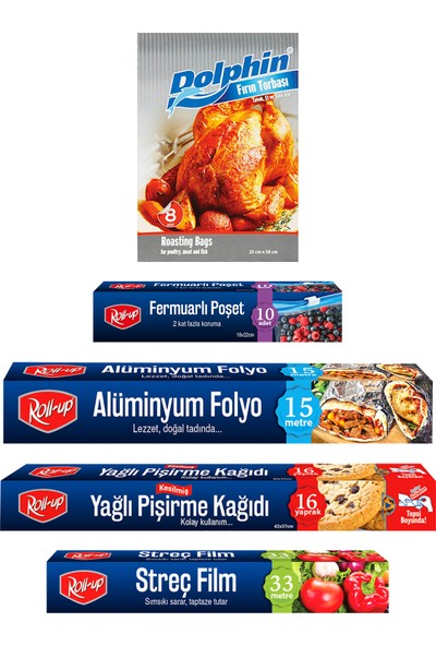 Roll-Up Pişirme Kağıdı + Streç Film + Alüminyum Folyo + Fermuarlı Poşet + Fırın Torbası Roll-Up Pişirme Kağıdı + Streç Film + Alüminyum Folyo + Fermuarlı Poşet + Fırın Torbası