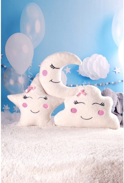 Baby's Ay-Bulut-Yıldız Şeklinde 3'lü Dekoratif Bebek Çocuk Uyku Arkadaşı- Yastığı-Kırlent Pembe