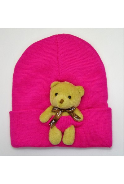 Salar Ticaret Peluş Ayıcıklı Bere 7-15 Yaş Arası Koyu Pembe