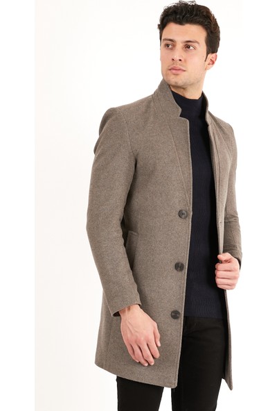 Modamesto Erkek Vizon Slim Fit Dik Yaka Kaşe Kaban Modamesto Erkek Vizon Slim Fit Dik Yaka Kaşe Kaban