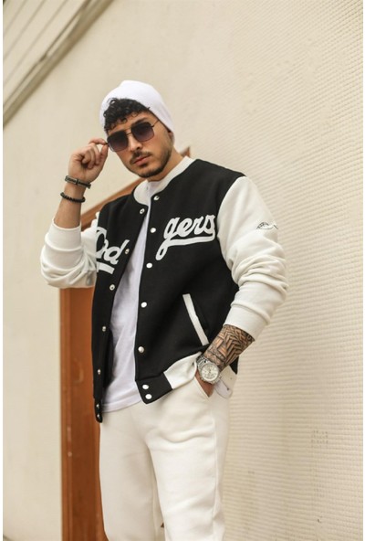 Siyah La Sırt Baskılı Oversize Kolej Ceket