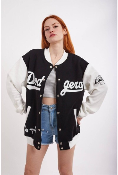 Siyah La Sırt Baskılı Oversize Kolej Ceket