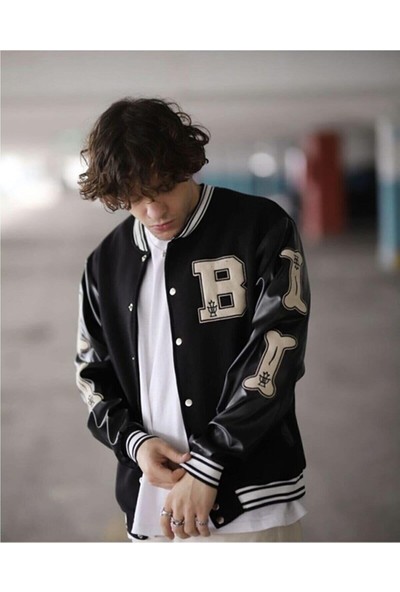 Siyah Kemik Desenli 3 Iplik Kolej Ceket