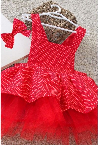 Kırmızı Puantiyeli Kız Çocuk Tütü Elbise Bandana Takım 1-8 Yaş