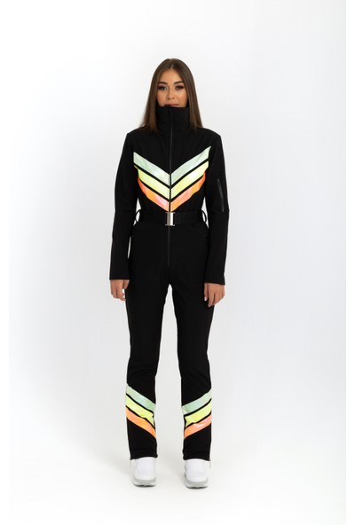 Neon Şeritli Siyah Kayak Tulumu