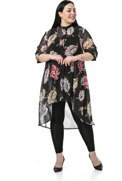 Disentis Modest Büyük Beden Dik Yaka Kısa Kollu Arkası Uzun Şifon Siyah Tunik Gömlek