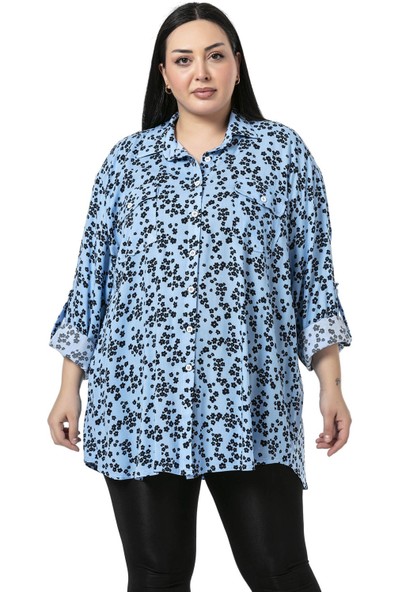 Büyük Beden Çiçek Desenli Katlamalı Kollu Göğüsten Cepli Mavi Gömlek