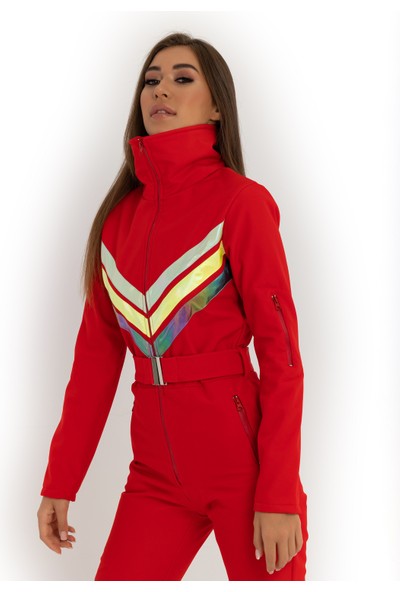 Neon Şeritli Kırmızı Kayak Tulumu