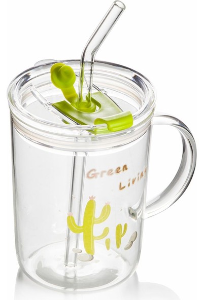 EWS Kaktüs Figürlü Pipetle Cam Kupa 450 ml