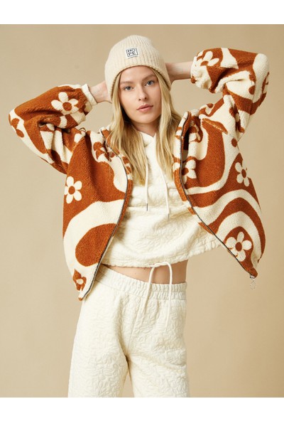 Koton Desenli Fermuarlı Peluş Sweatshirt