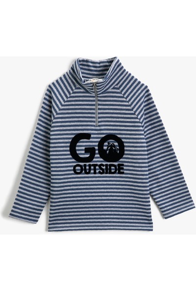 Koton Slogan Baskılı Çizgili Tişört Yakası Fermuarlı Uzun Kollu