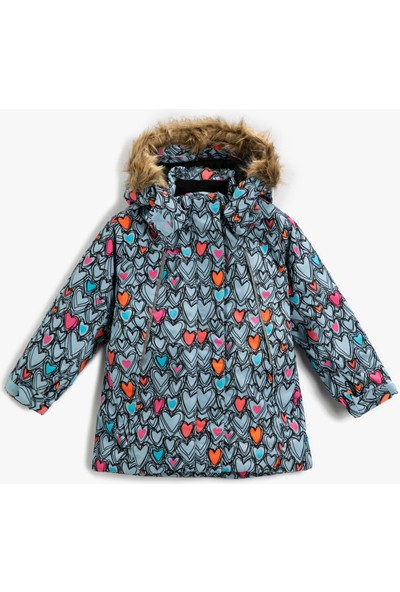 Koton Kalp Baskılı Suni Kürk Kapşonlu Şişme Mont