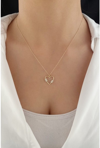 Fiyonk Kuyumculuk 14 Ayar Altın Taş Detaylı Kalp Kolye