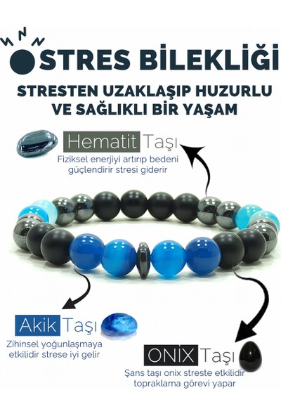 Kamus Stres Bilekliği Hematit Oniks Akik Doğal Taş Bileklik