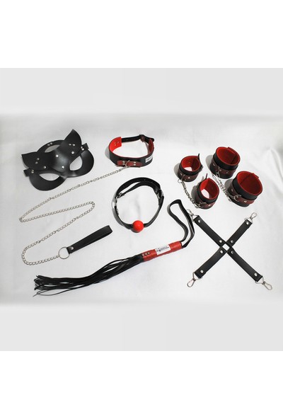 7'li Fantezi Seti Deri Kelepçe Kırbaç Maske Fetiş Takım