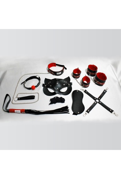 9'lu Fantezi Aksesuar Seti Deri Kelepçe Kırbaç Maske Fetiş Takımı
