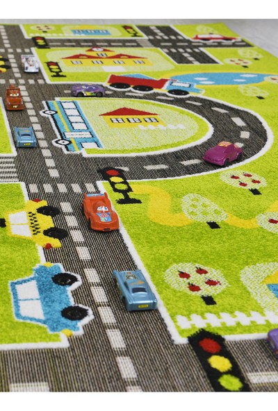 Odeon Halı 3 Boyutlu Yeşil Trafik Arabalı Dokuma Çocuk Oyun Halısı