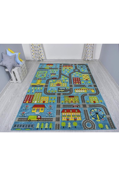 Odeon Halı 3 Boyutlu Mavi Şehir Dokuma Çocuk Oyun Halısı
