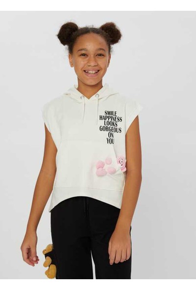 Little Star L11322K2080 Kapüşonlu Normal Kalıp Baskılı Krem Kız Çocuk Yelek