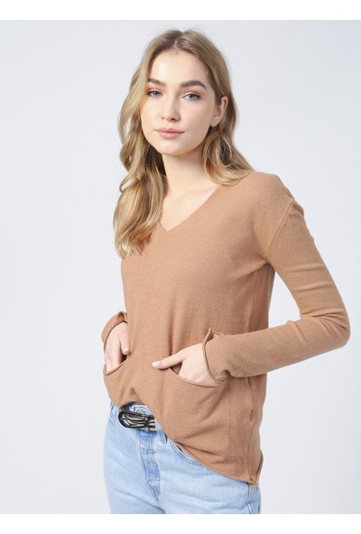 Fabrika V Yaka Basic Düz Deve Tüyü Kadın Kazak - 20282