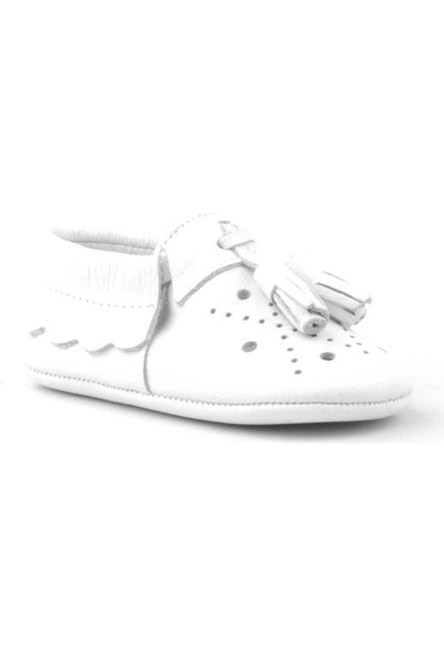 Hapshoe Kids Deri Beyaz Püsküllü Lastikli Bebek Patik
