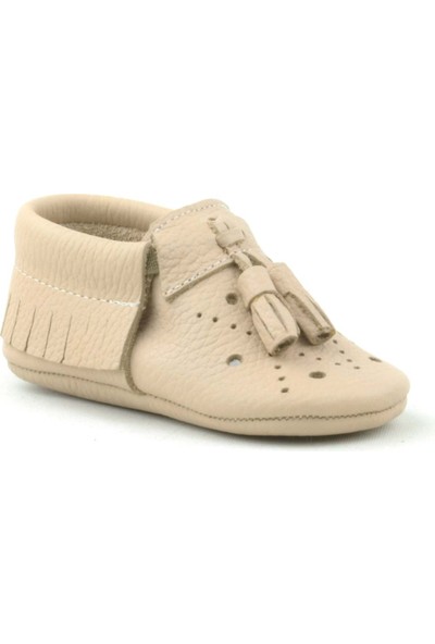 Hapshoe Kids Deri Kum Rengi Püsküllü Lastikli Bebek Patik