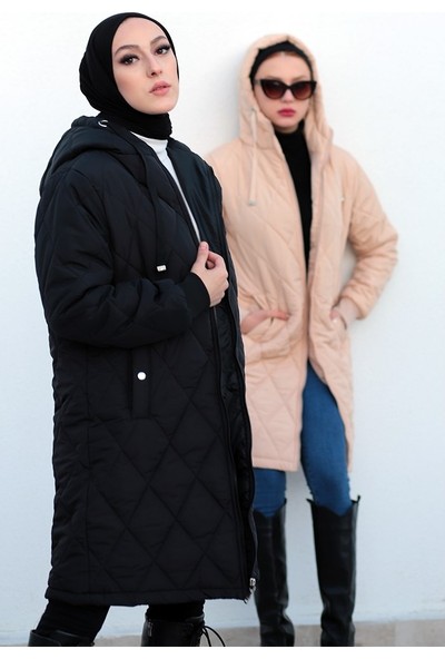 Bestenur Kapüşonlu Tesettür Cepli Şişme Mont 145 - Siyah