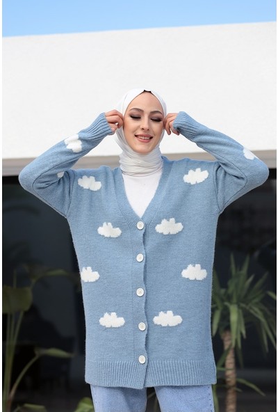 İlkimay Düğmeli Bulut Desen Tesettür Triko Hırka 147 - Bebe Mavi