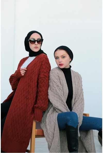 Bestenur Saç Örgü Uzun Salaş Triko Hırka 149 - Kiremit Bestenur Saç Örgü Uzun Salaş Triko Hırka 149 - Kiremit